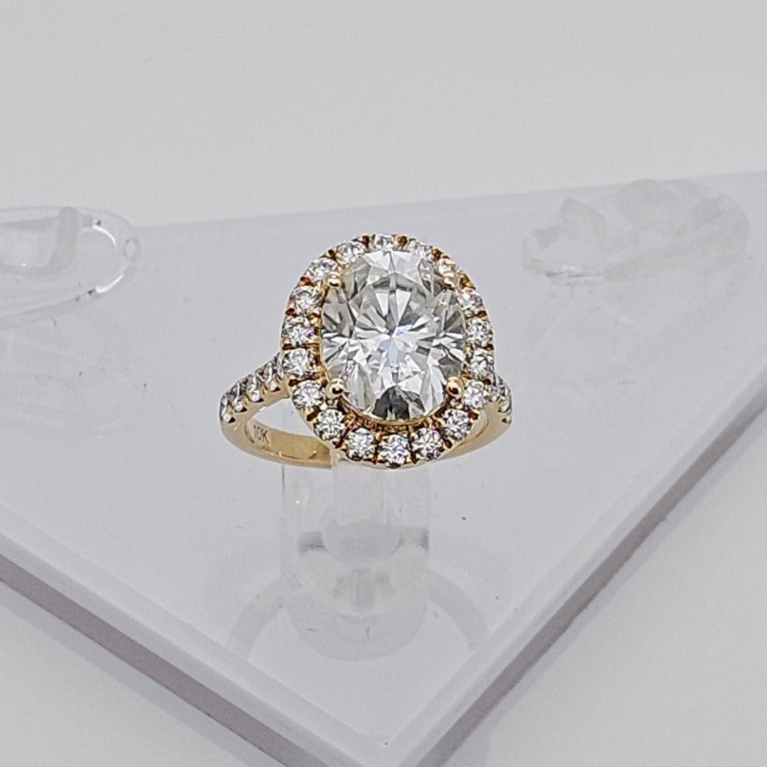Luxurious Oval Cut Solitaire Solid Gold Diamond Ring with Halo and Pav ...